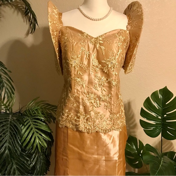 Dresses | Sold Locally Matt Gold Filipiniana Lace Terno Taffeta Aline ...